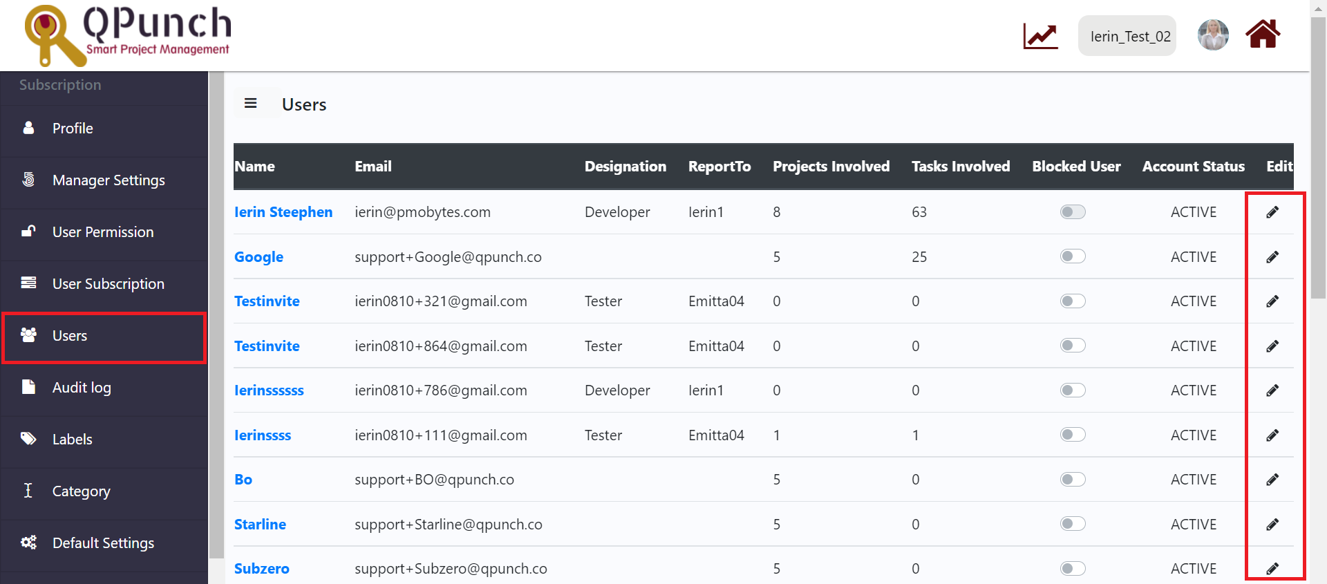User Permission Settings - QPunch Project Management Software